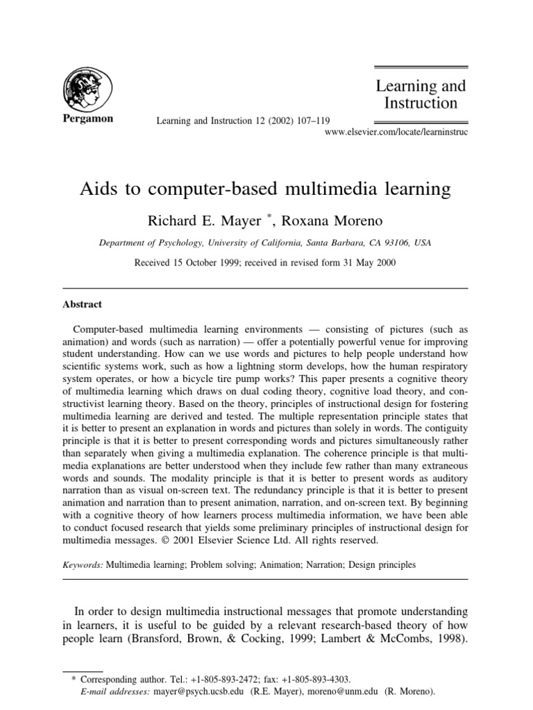 Aids To Computer-Based Multimedia Learning: Richard E. Mayer, Roxana Moreno | PDF ...