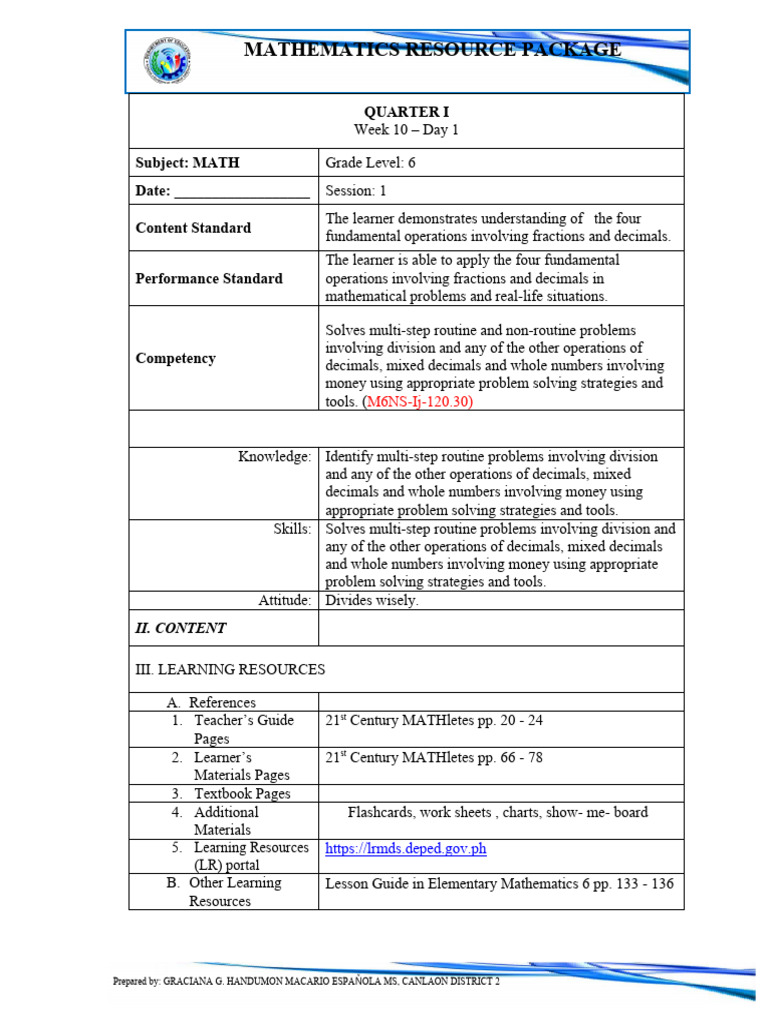 Math6 Q1 Week10 Day1 | PDF | Learning | Mathematics