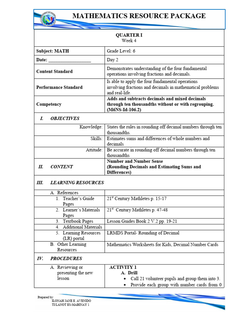 MATH6 Q1 Week4 Day2 | PDF | Numbers | Rounding