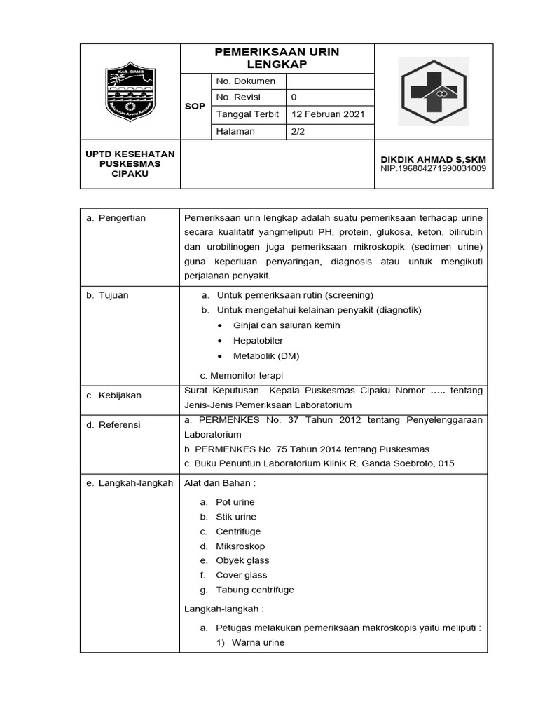 Prosedur Pemeriksaan Urin Lengkap | PDF