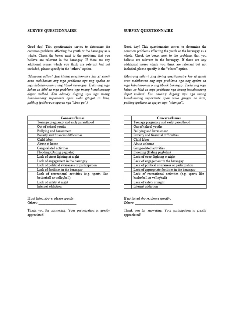 Survey Questionnaire Cesc | PDF | Family | Human Development
