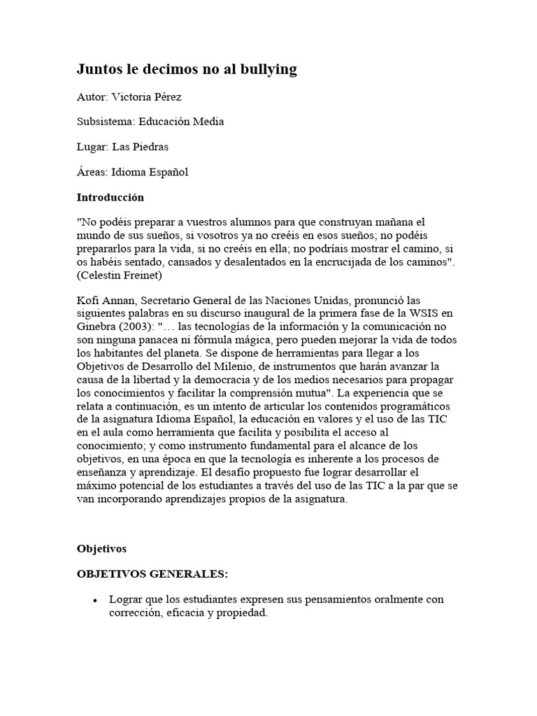 Juntos Le Decimos No Al Bullying | PDF | Enseñando | Comprensión lectora
