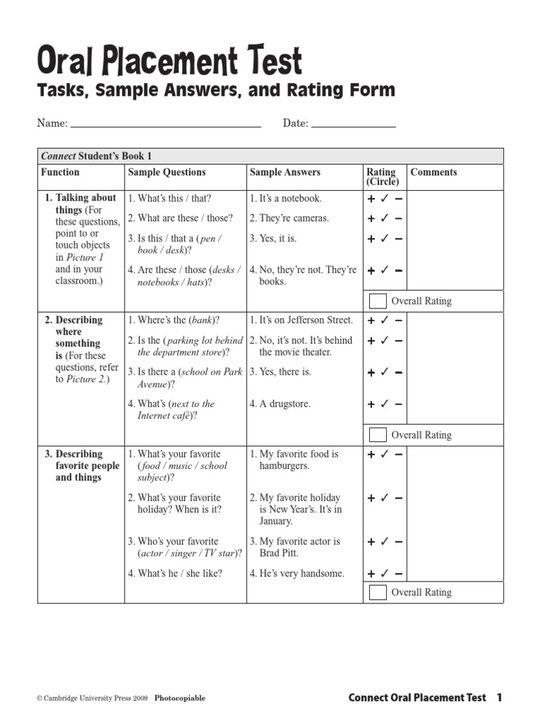 Connect2 Level1 Oral Placement Test Answer Key | PDF