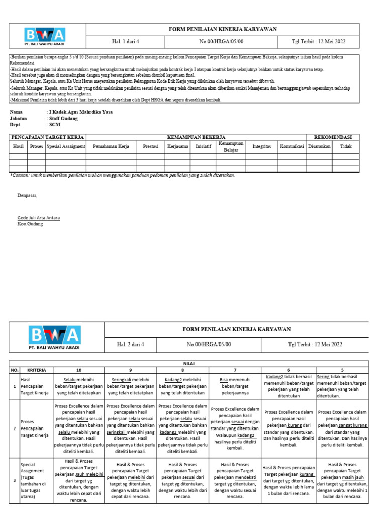 Panduan Form Penilaian Kinerja Karyawan | PDF