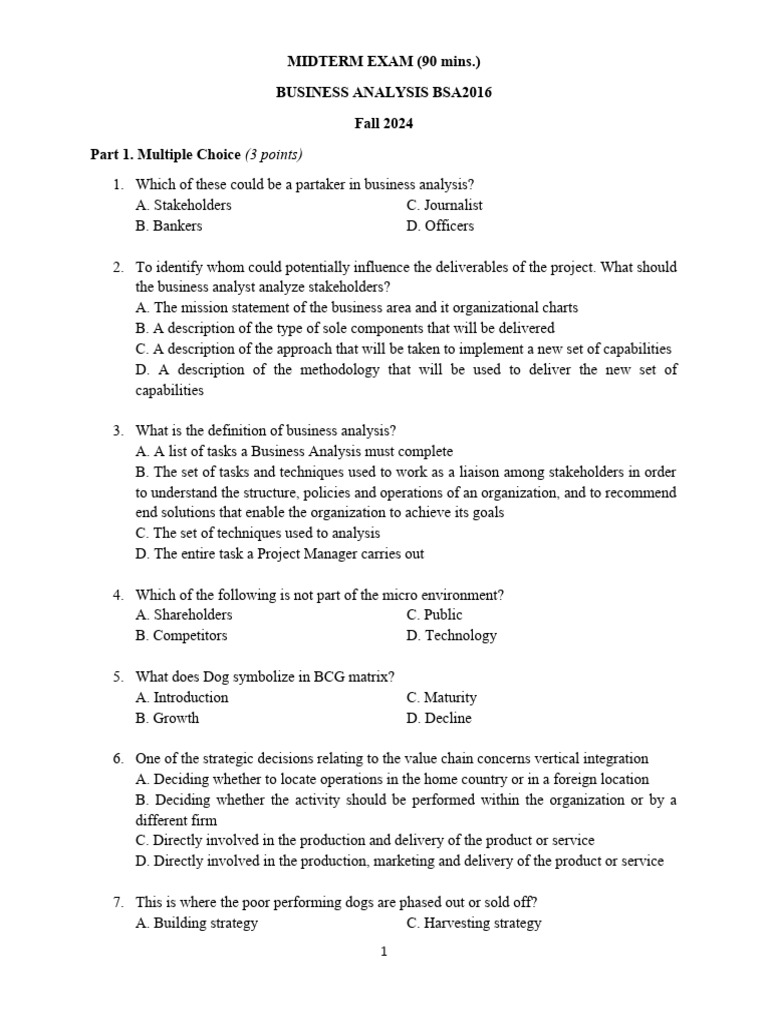 Business Analysis Midterm Exam 2024 | PDF | Business Analysis | Diversification (Finance)