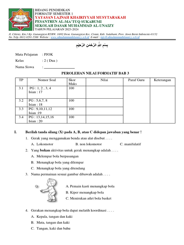 Nilai Formatif PJOK Kelas 2 SD 2023 | PDF