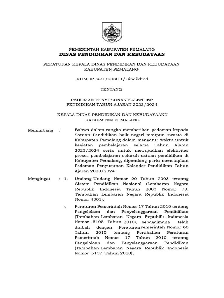 Pedoman Kalender Pendidikan 2023/2024 | PDF