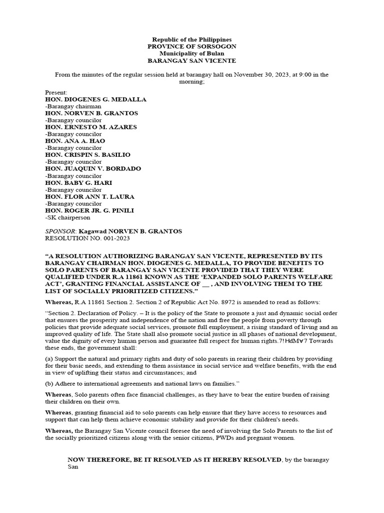 Barangay Resolution 001 - 122453 | PDF | Welfare | Disability