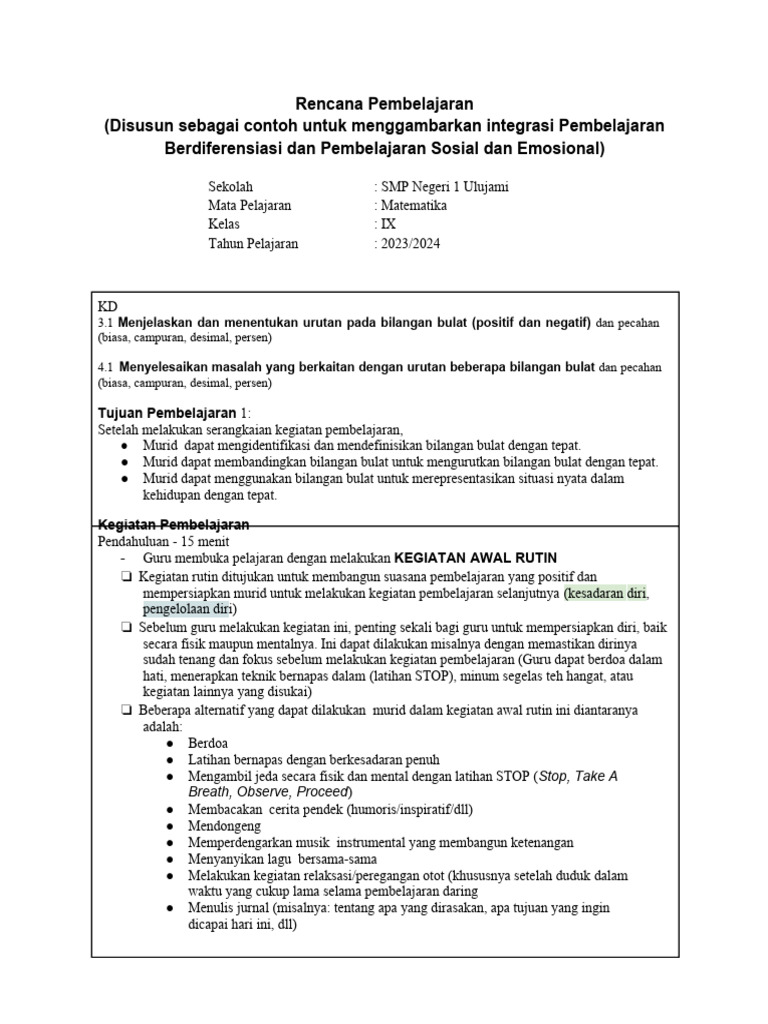 Contoh RPP Integrasi Pembelajaran Berdiferensiasi & Sosial-Emosional | PDF