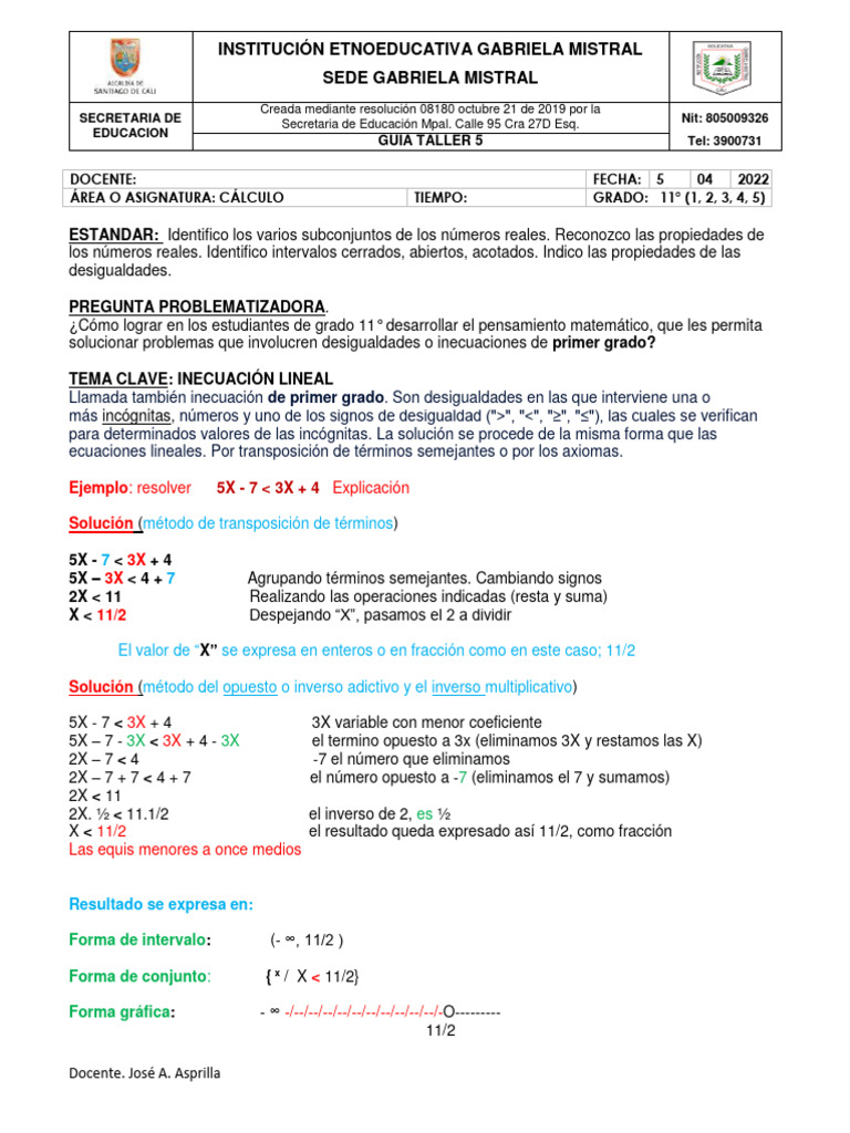 Guía-Taller 5 Cálculo 11° Virtual | PDF | Ecuaciones | Desigualdad (Matemáticas)