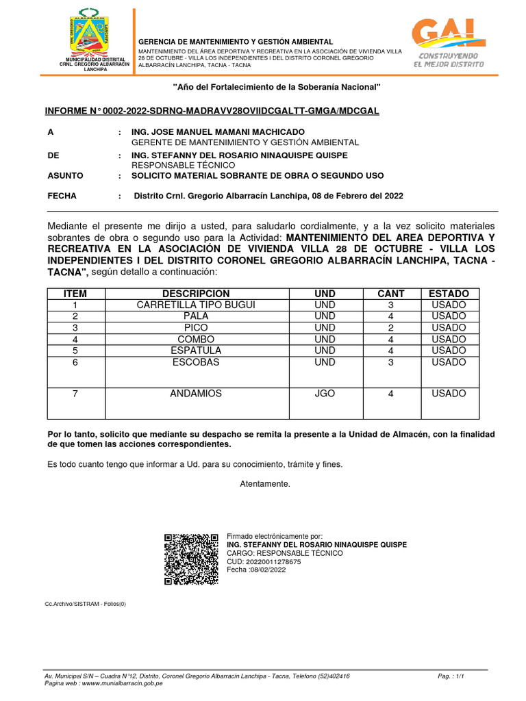 Informe #002-2022 Solicito Material Sobrante de Obra Segundo Uso | PDF