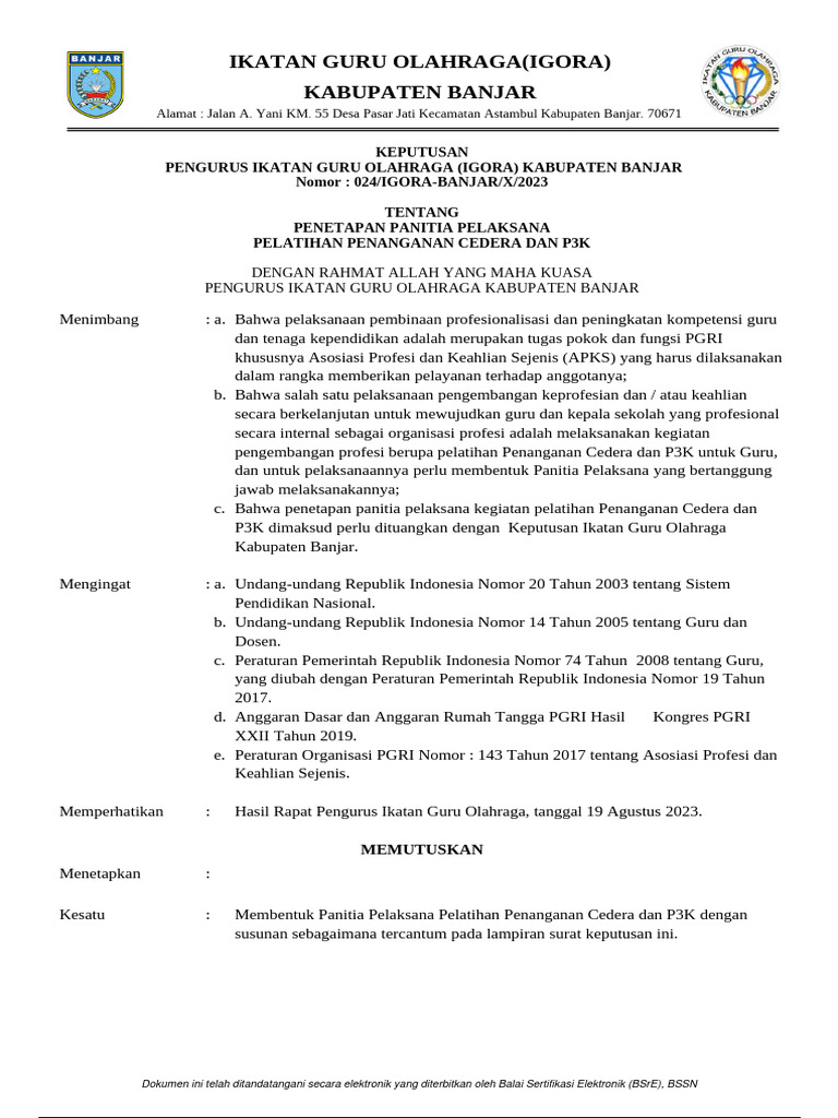 SK Panitia Pelatihan Cedera DAN P3K | PDF