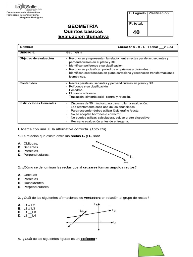 Evaluacion SUMATIVA 5° Geometria | PDF | Formas geométricas | Geometría euclidiana