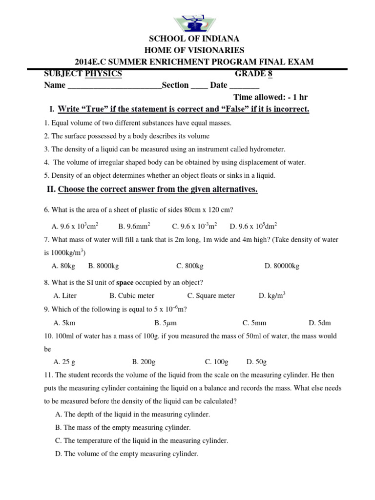 g8 Phy Summer Test | PDF | Density | Volume