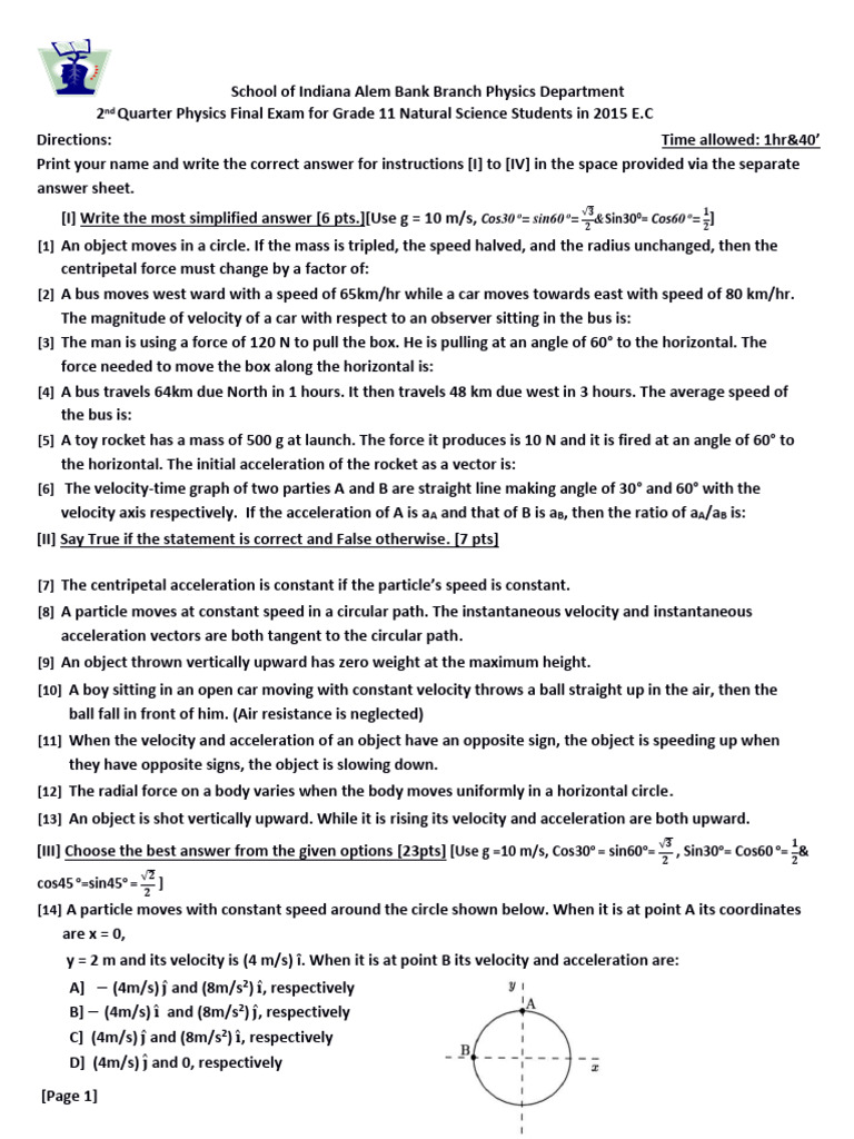 g11 Phy q2 Final 2015 | PDF | Acceleration | Force