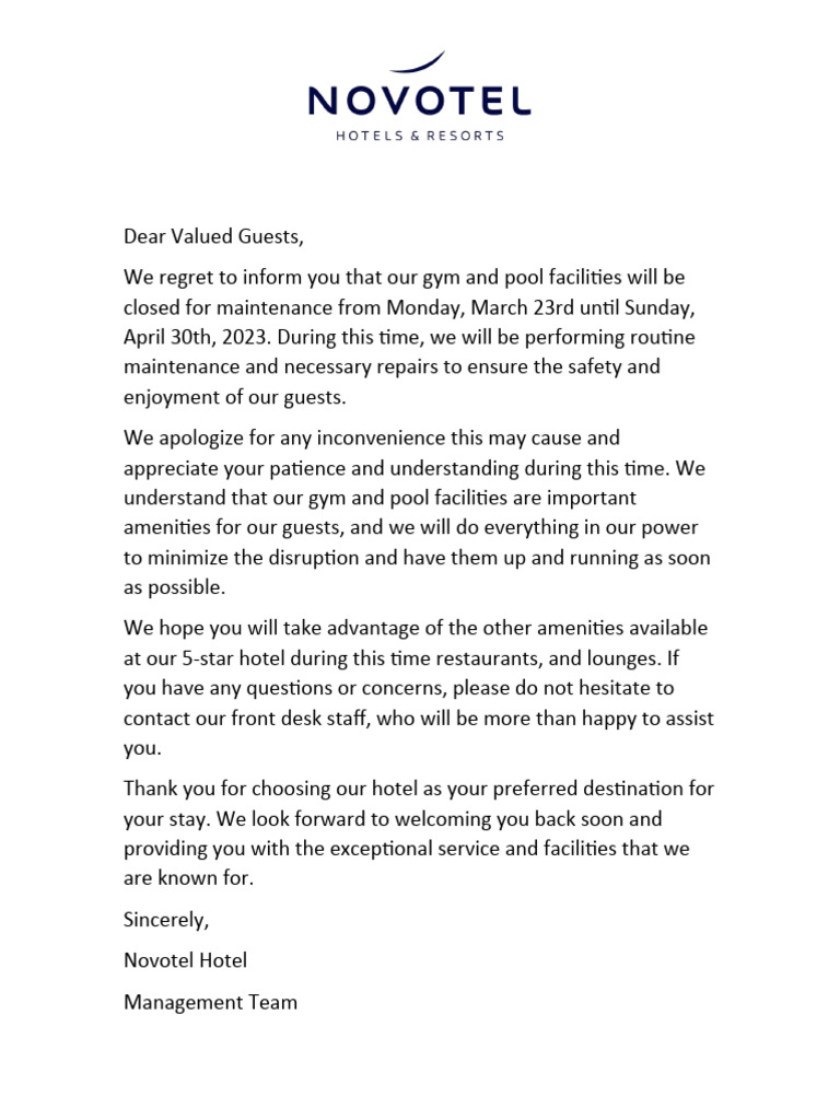 Dear Valued Guests Gym and Pool Notification | PDF