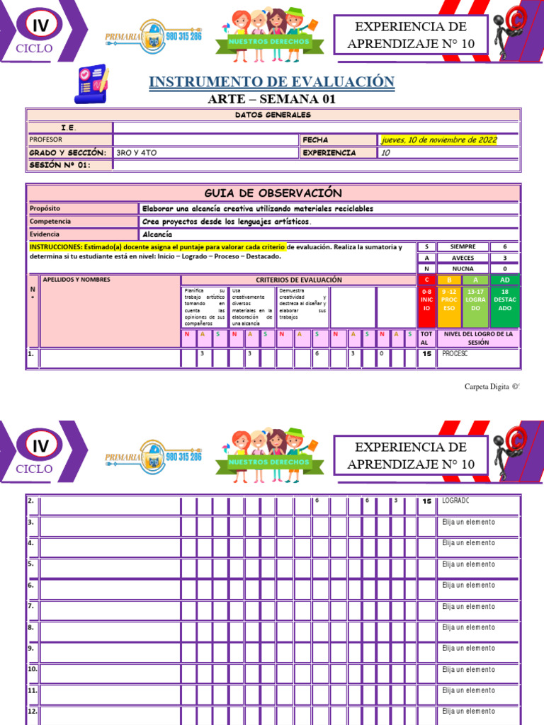 IV GUIA DE OBSERVACIÓN- SESIÓN 7- EXP. 10- ARTE | PDF | Evaluación ...