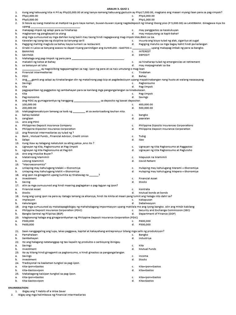 Quarter 3 Aralin 3 Quiz 1 Ekonomiks | PDF