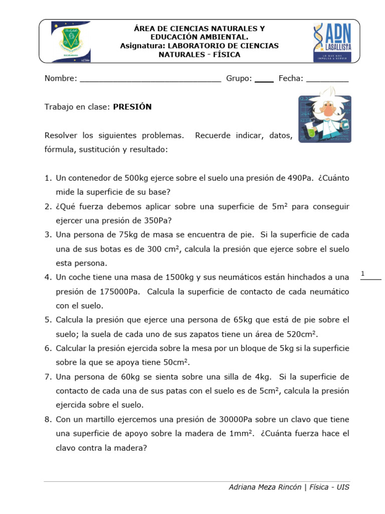 8 Taller Presion Pdf Presión Ciencias Fisicas