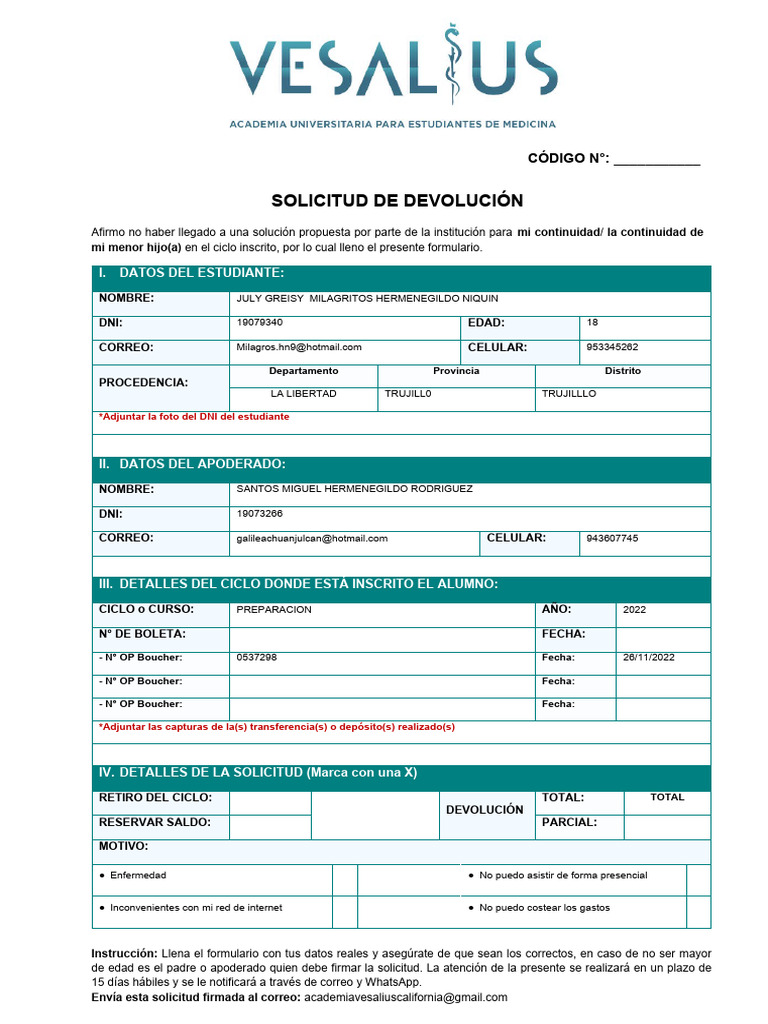 FORMULARIO - DEVOLUCION DE DINERO - ALUMNO A INSTITUCIÓN | PDF