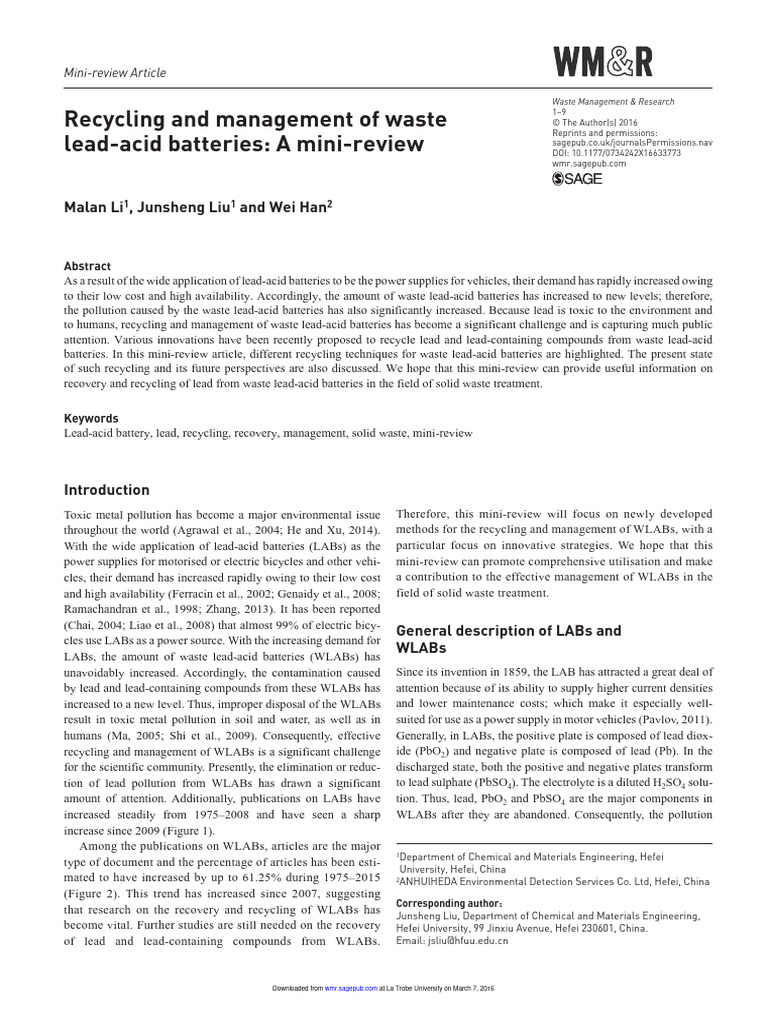 Recycle and Management of Waste Lead Acid Batteries | PDF | Lead ...