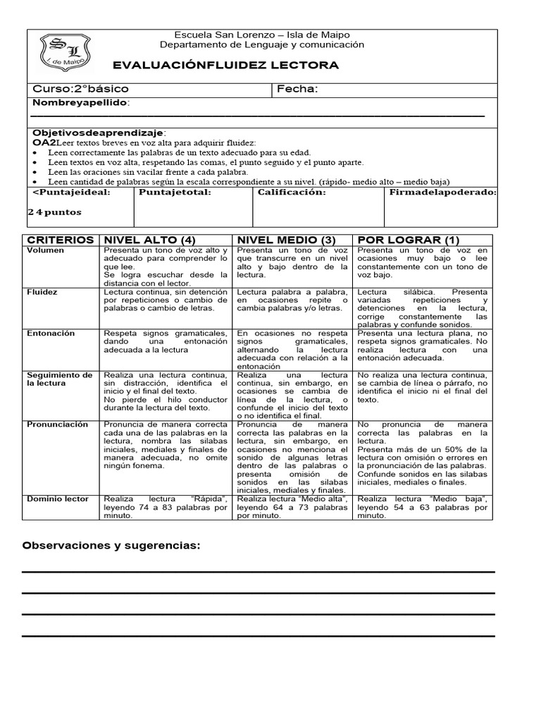 Evaluación de Fluidez Lectora 2° Básico | PDF | Lingüística ...