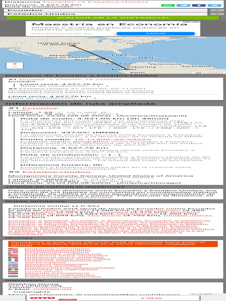 Distancia de Ecuador Estados-Unidos - Línea Recta, Ruta de Conducción ...
