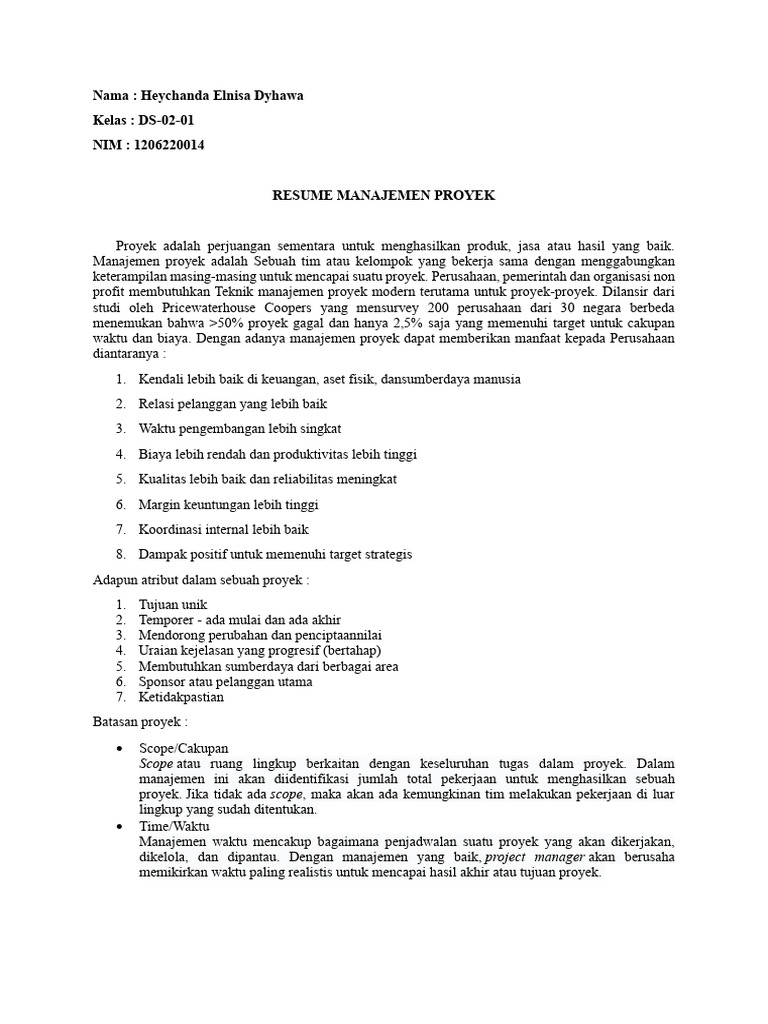 Contoh Resume Manajemen Proyek | PDF