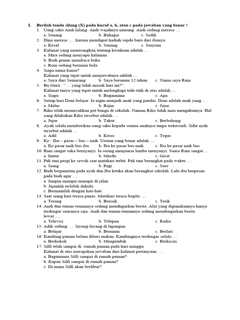 Soal Bahasa Indonesia Kelas 2 Semester 2 | PDF