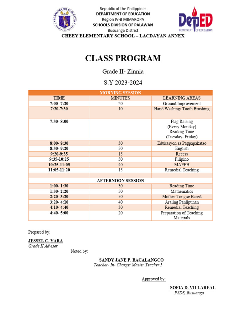 Class Program Grade 2 S.Y 2023-2024 | PDF