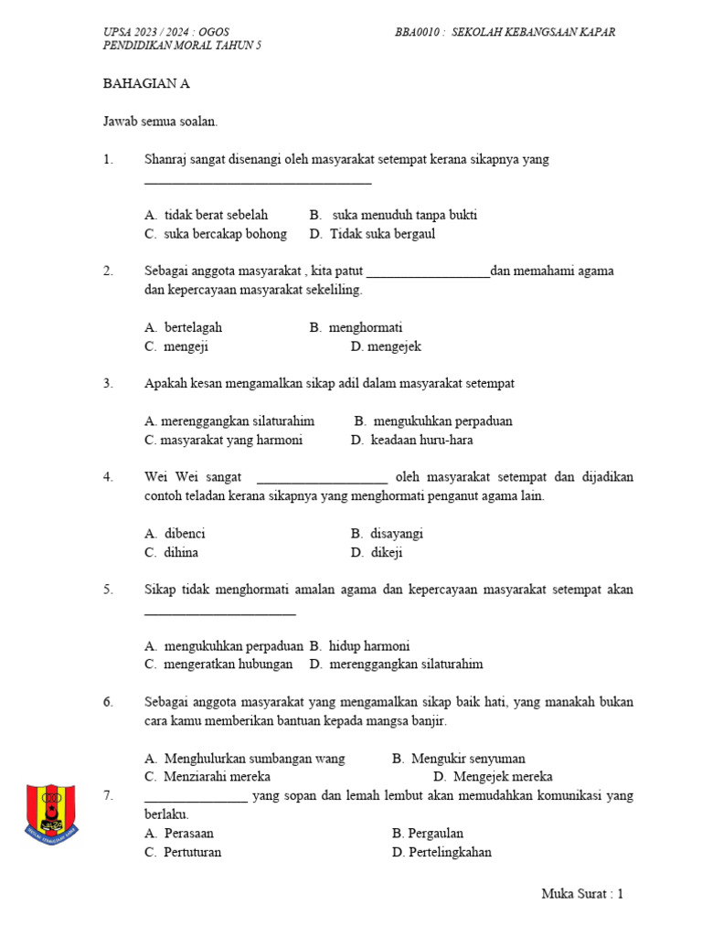 Soalan Pendidikan Moral Tahun 5 Pertengahan Tahun | PDF