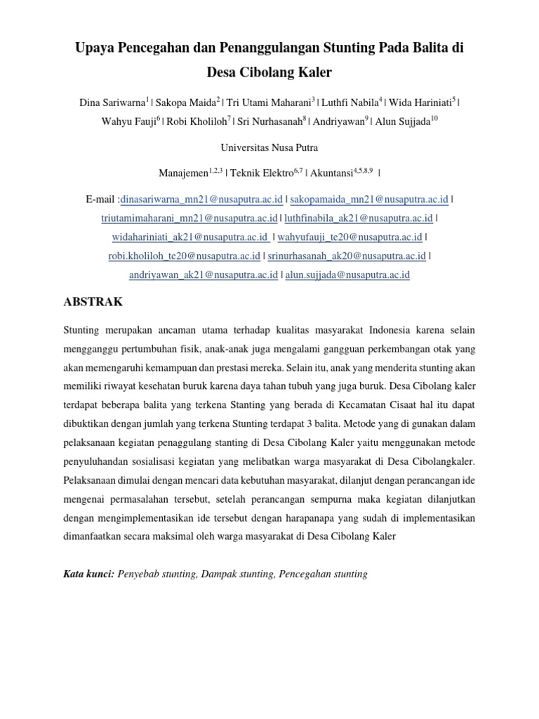 Upaya Pencegahan Dan Penanggulangan Stunting Pada Balita Di Desa Cibolang Kaler | PDF