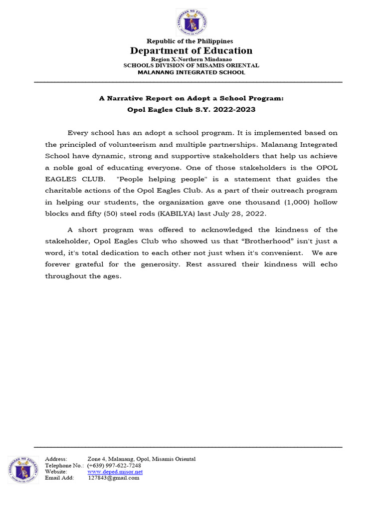 Narrative Report - Adopt A School | PDF | Classroom