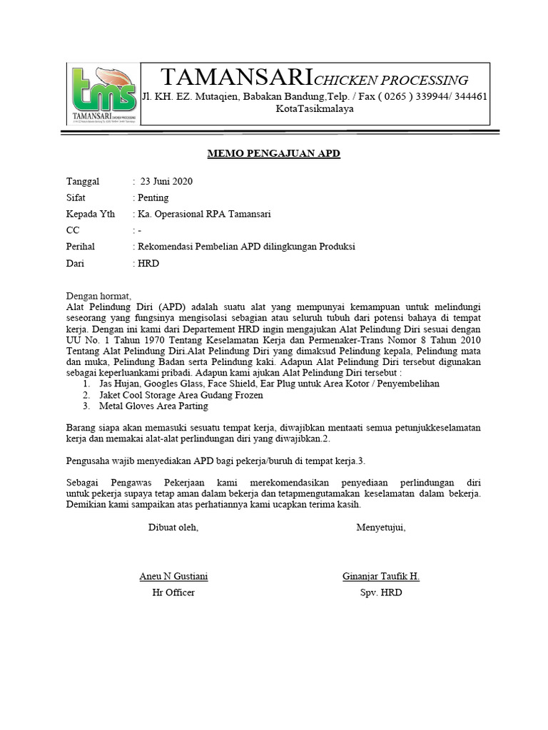 Memo Pengajuan APD | PDF