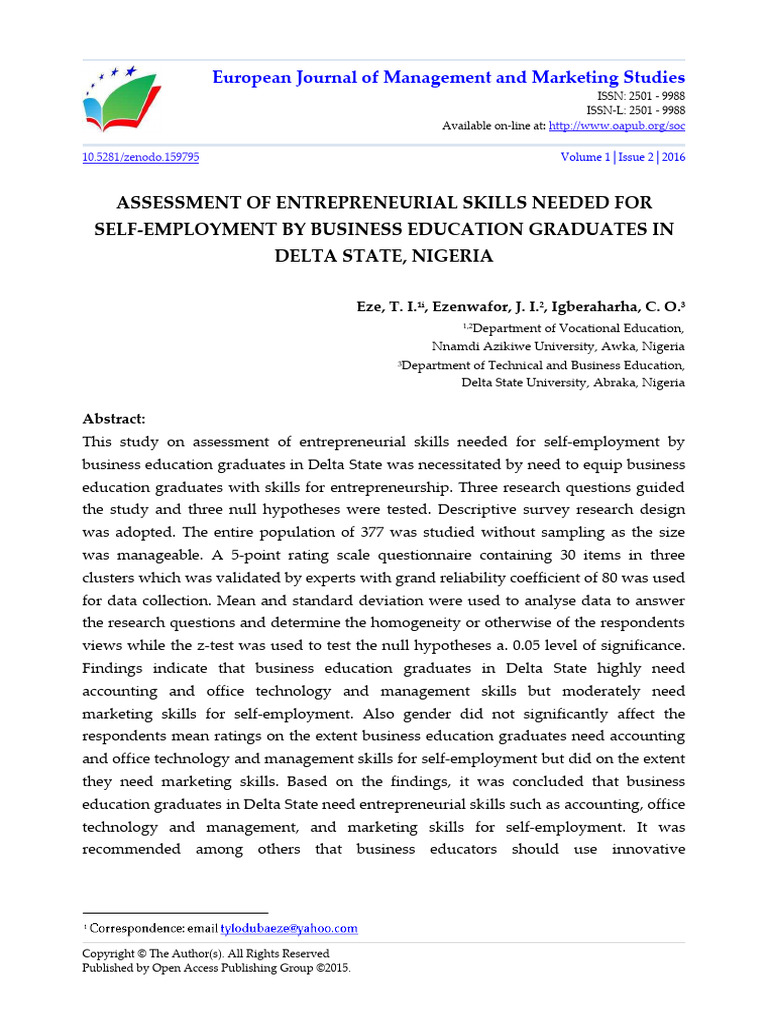 Assessment of Entrepreneurial Skills Nee | PDF | Entrepreneurship | Marketing