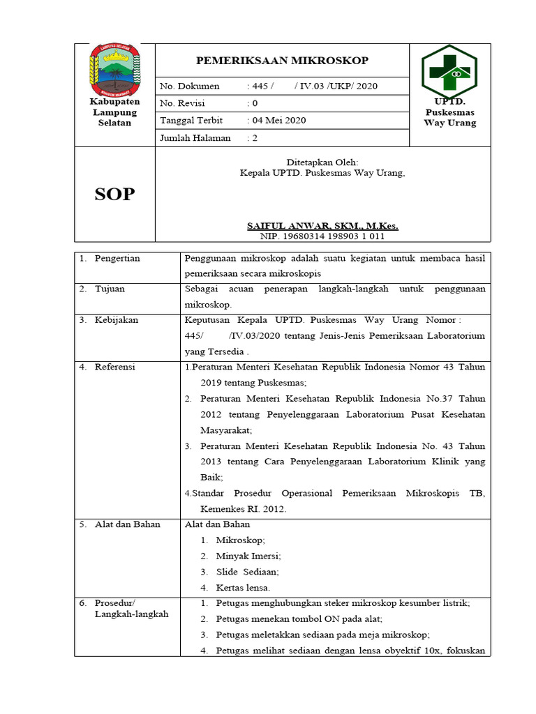 Sop (240723) Penggunaan Mikroskop | PDF