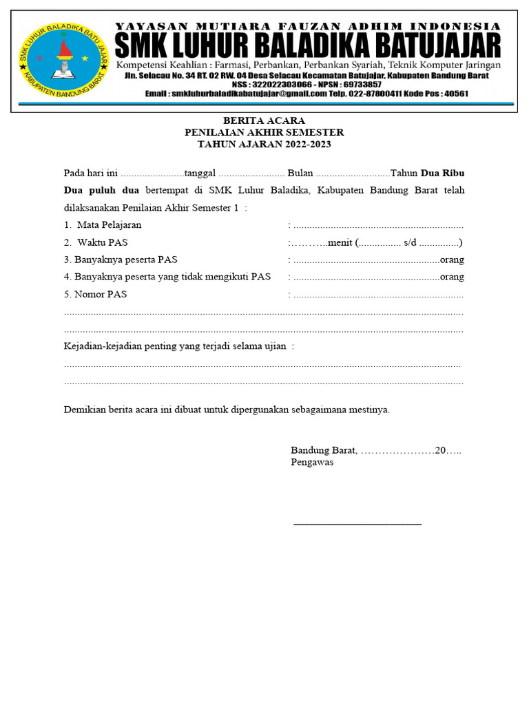 Berita Acara Pas - 1 LBB 2022-2023 | PDF | Pengelolaan Keuangan & Uang