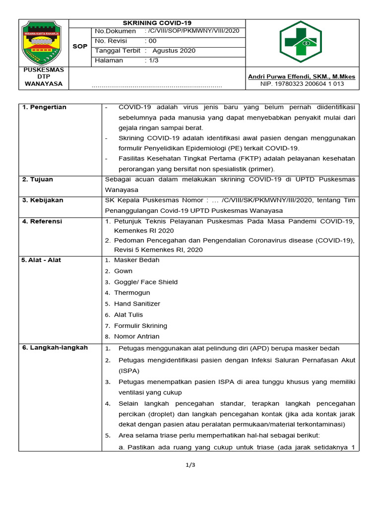SOP Skrining COVID-19 Puskesmas Wanayasa | PDF | Kesehatan Holistik