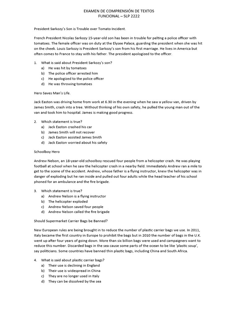 Examen Funcional SLP 2222 - Reading Comprehension - Prueba | PDF ...