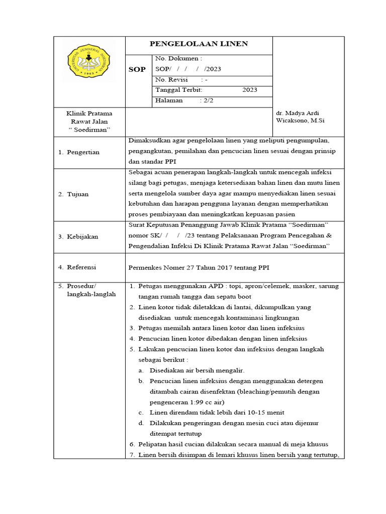 Sop Pengelolaan Linen | PDF