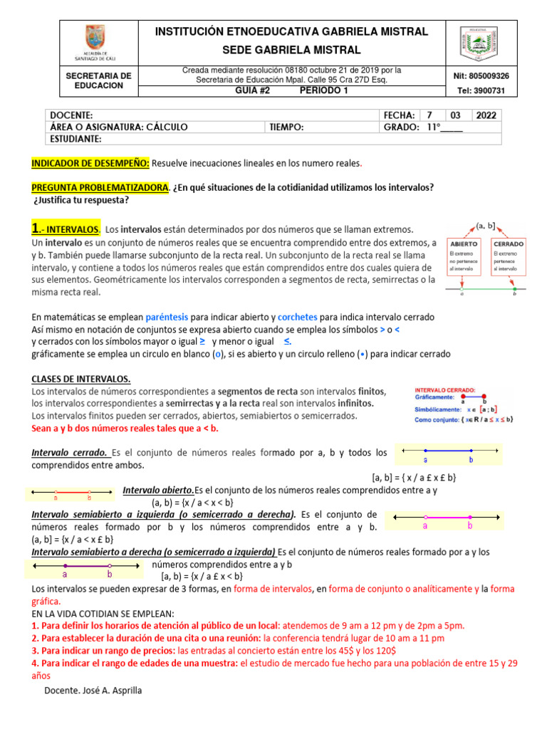 Guía-Taller 2 Cálculo 11° | PDF | Intervalo (Matemáticas) | Ecuaciones