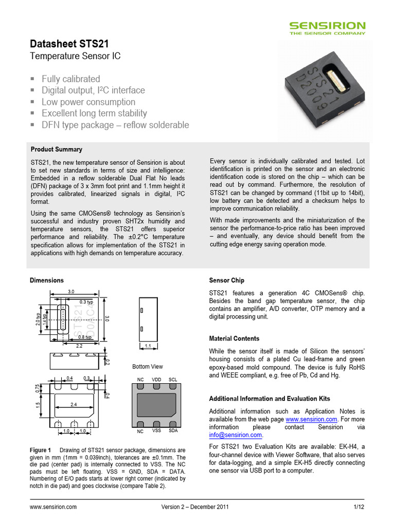 Sensirion Temperature Sensors STS21 Datasheet | PDF | Integrated ...