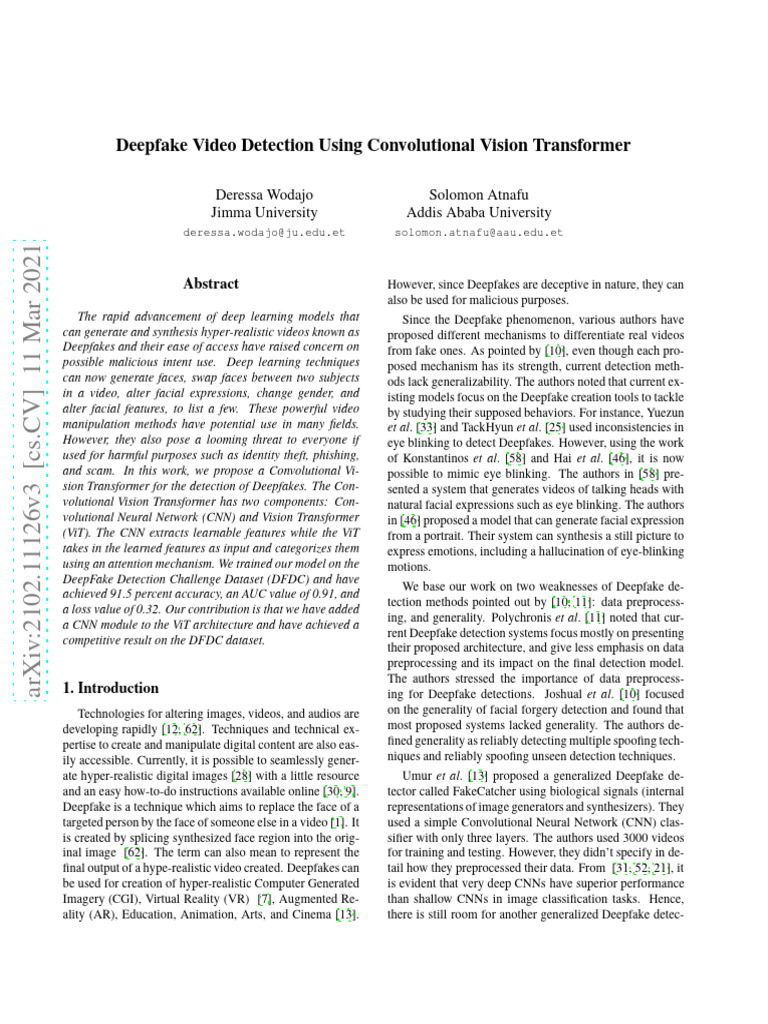 Deepfake Video Detection Using Convolutional Vision Transformer | PDF | Computational ...