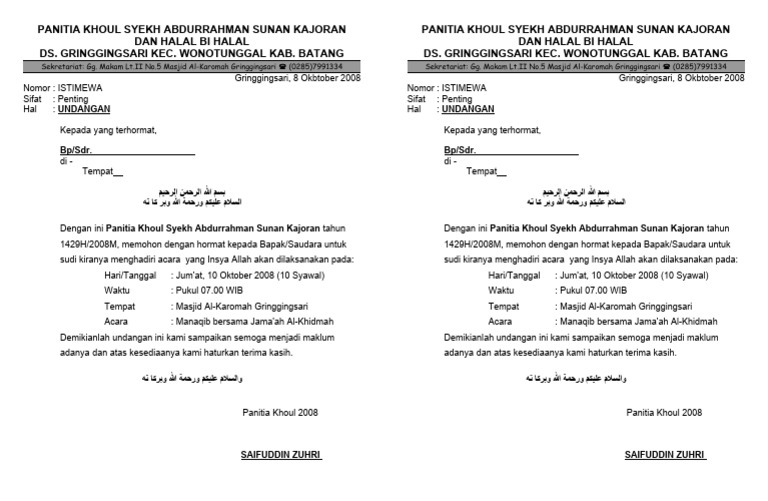 Contoh Format Undangan Resmi Ber-Kop, File Office Word, Satu Lembar Dua ...