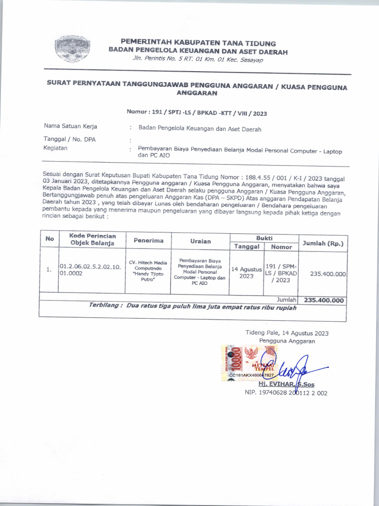 Surat Pernyataan Tanggungjawab Pengguna Anggaran-Kpa | PDF