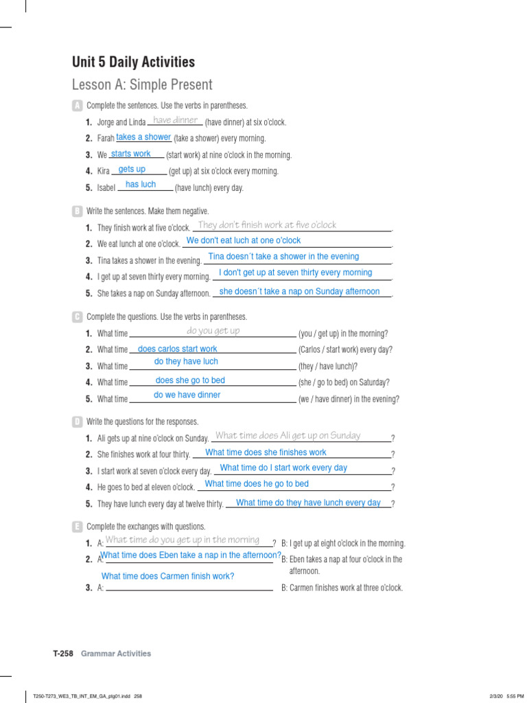World English 3e Level Intro Grammar Activities Unit 5 Lesson A | PDF | Linguistics | Grammar