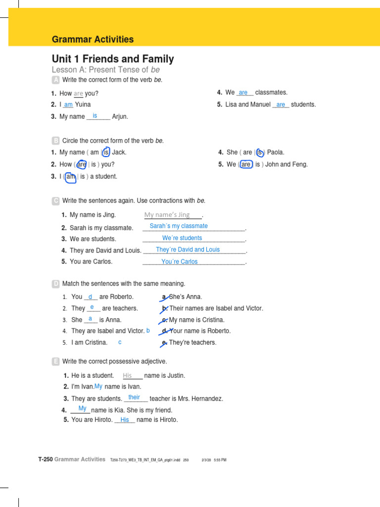 World English 3e Level Intro Grammar Activities Unit 1 Lesson | PDF | Linguistics | Grammar