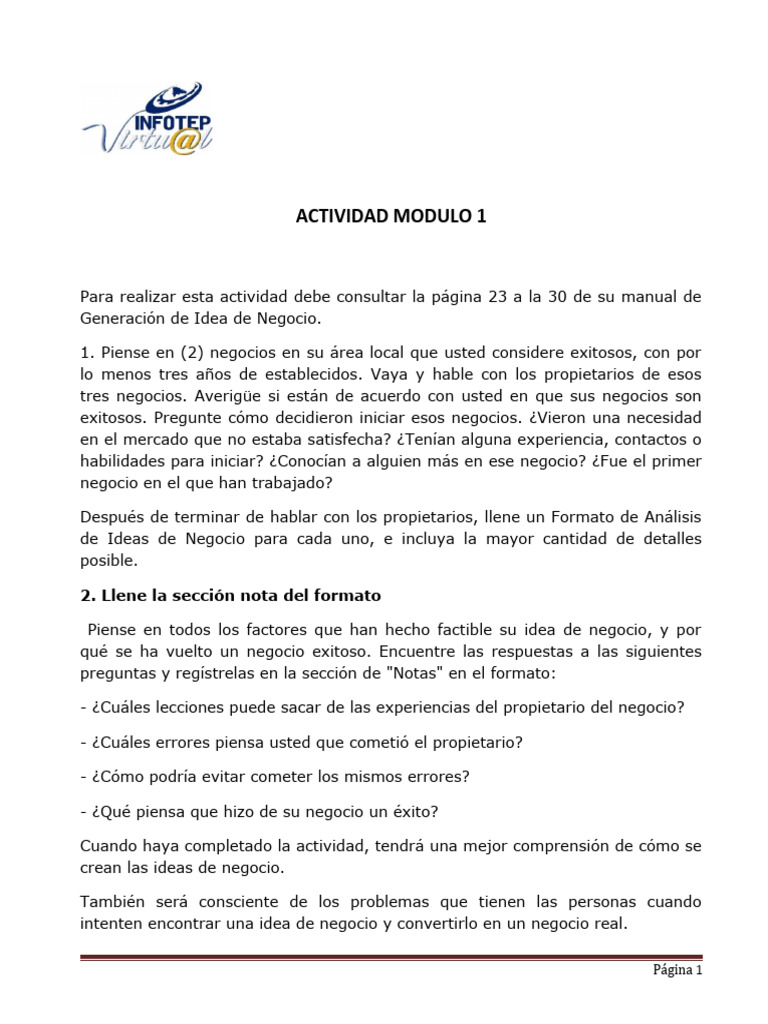 ACTIVIDAD 1 (Modulo 2, La Que Va) | Descargar gratis PDF | Iniciativa empresarial