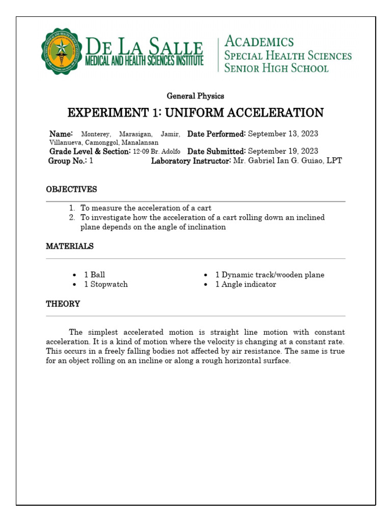 Lab1-Uniform-Acceleration G1 Adolfo | PDF | Acceleration | Motion (Physics)