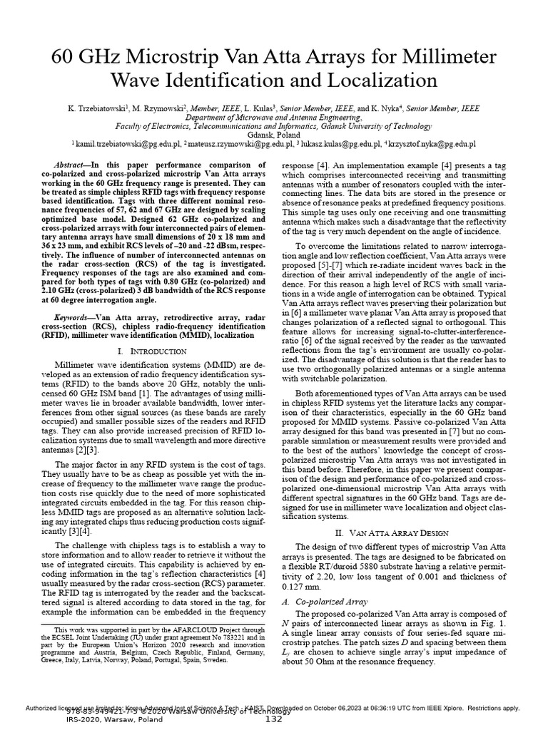 60 GHz Van Atta Arrays for RFID | PDF | Antenna (Radio) | Extremely ...